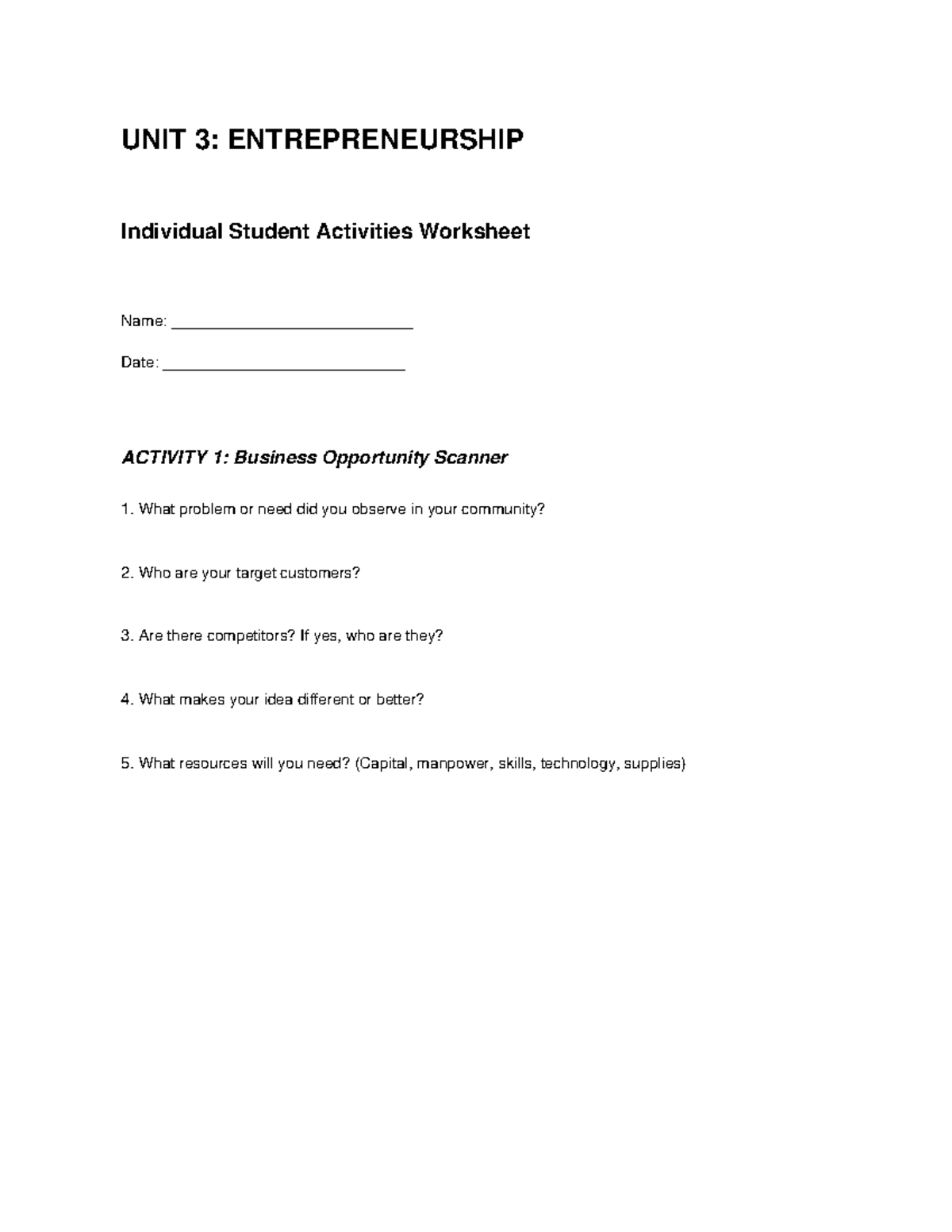 Unit 3: Entrepreneurship Individual Activities Worksheet - Studocu