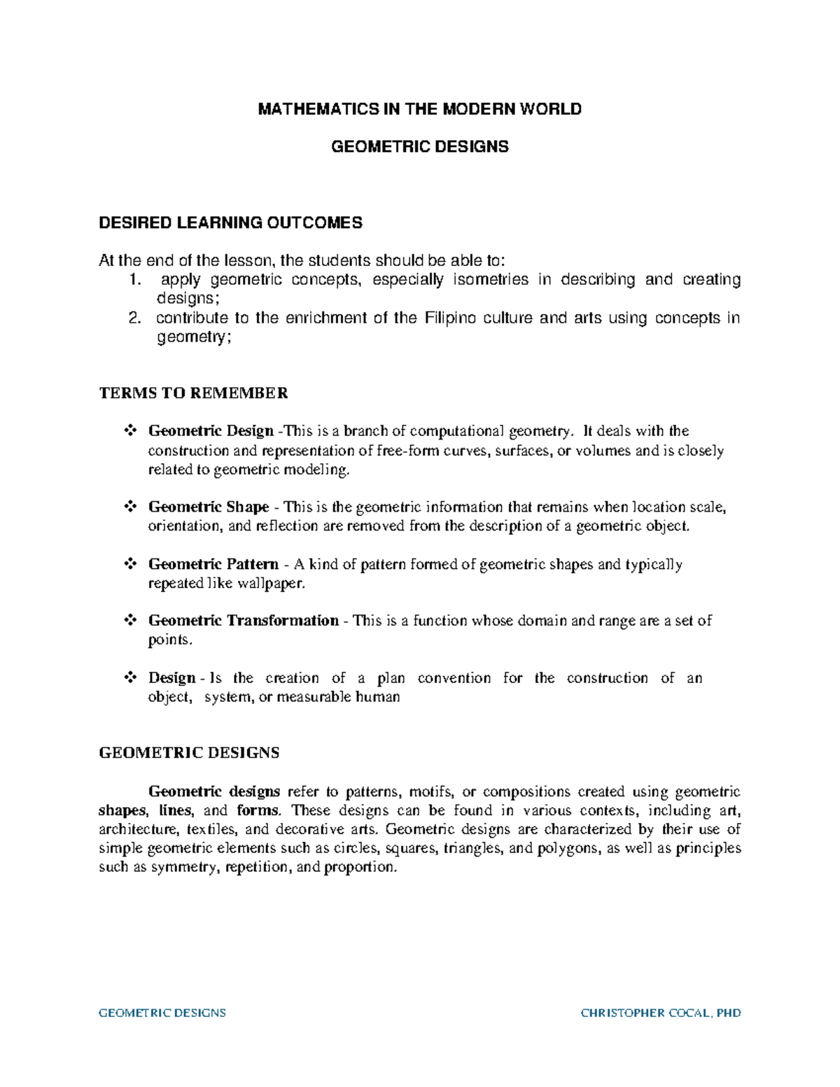 Geometric Designs in Filipino Culture & Arts: Math Integration Notes ...