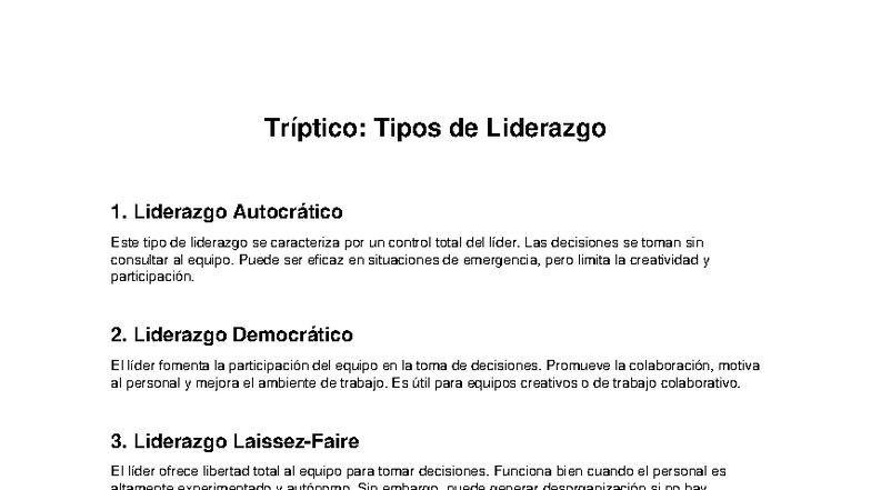 Tríptico: Tipos de Liderazgo y sus Características - Studocu