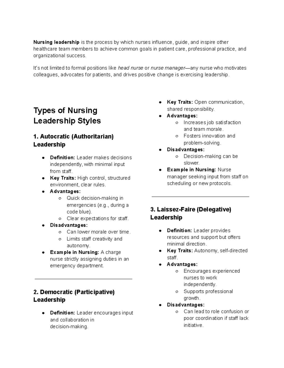 Nursing Leadership Styles: A Comprehensive Overview (NURS 101) - Studocu