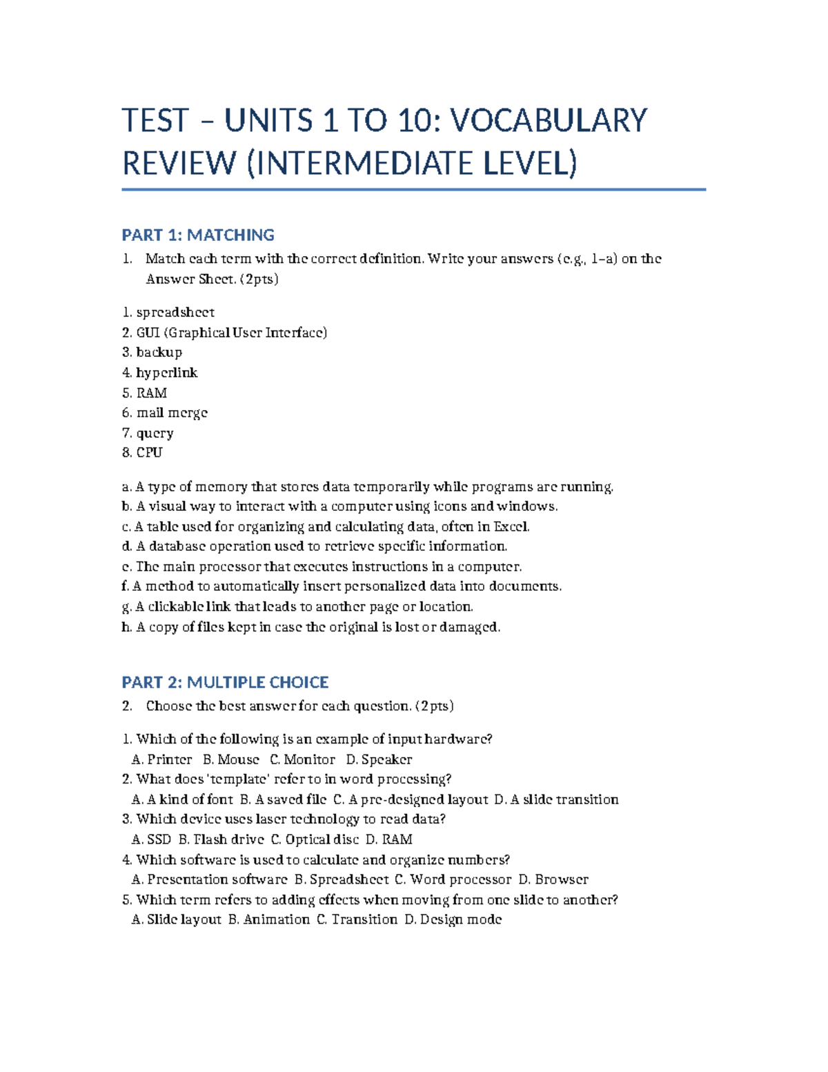TEST Vocab Units 1-10: Intermediate Level Review - Studocu