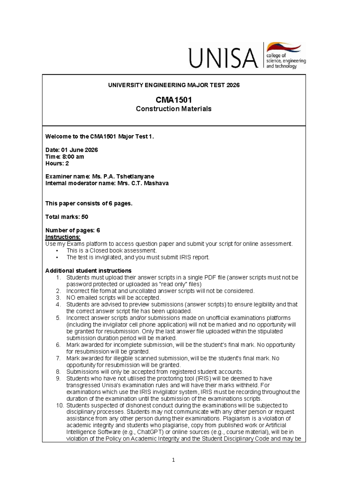 CMA1501 2026 Major Test 1: Construction Materials Assessment Guide ...