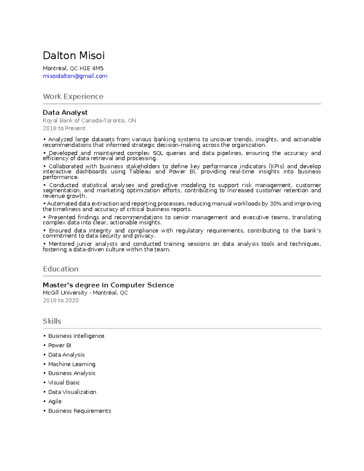 Data Analyst Work Experience (Bb9401bc) - Royal Bank of ON - Studocu