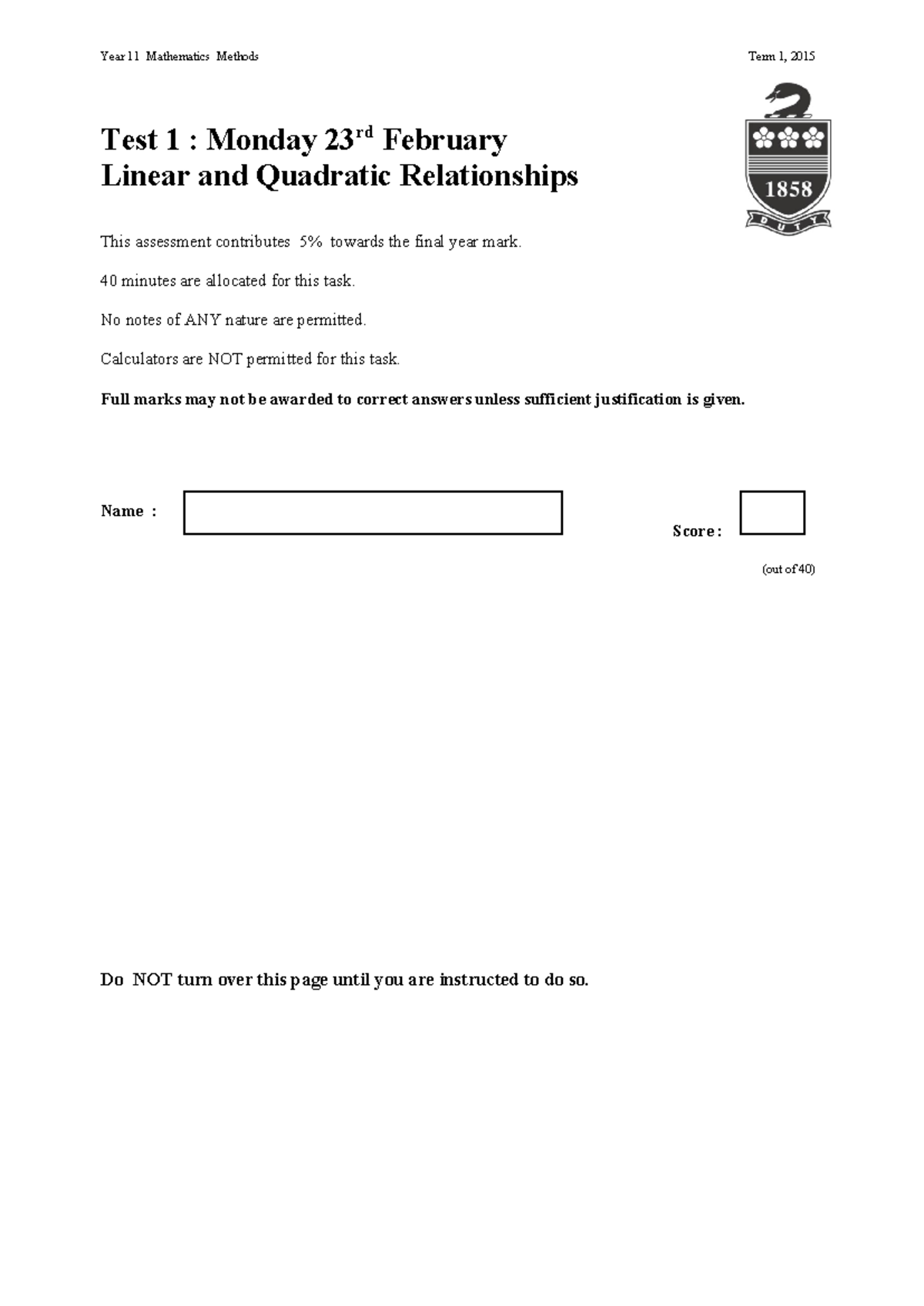 15 11 Methods Test1 Linear and Quadratic Functions - Year 11 ...
