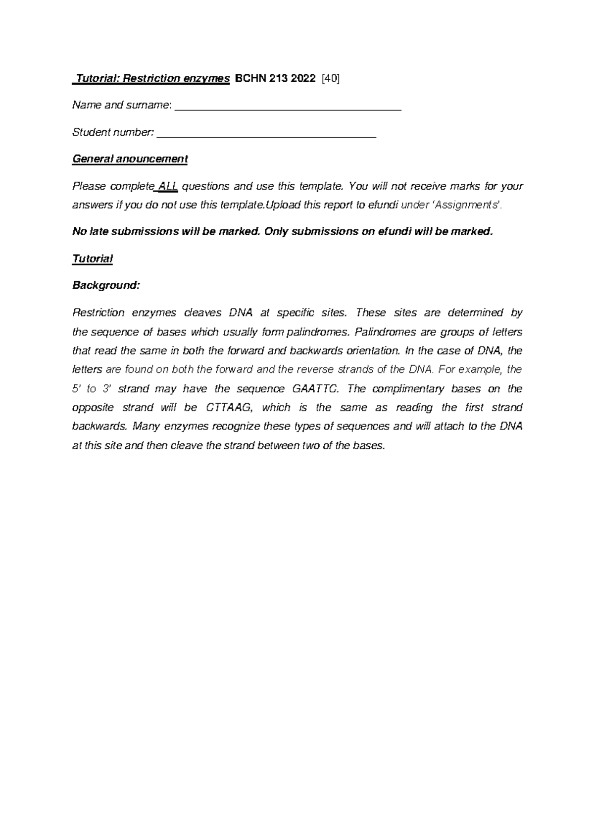 BCHN 213: Restriction Enzyme Tutorial Report (2022) Updated MEMO - Studocu