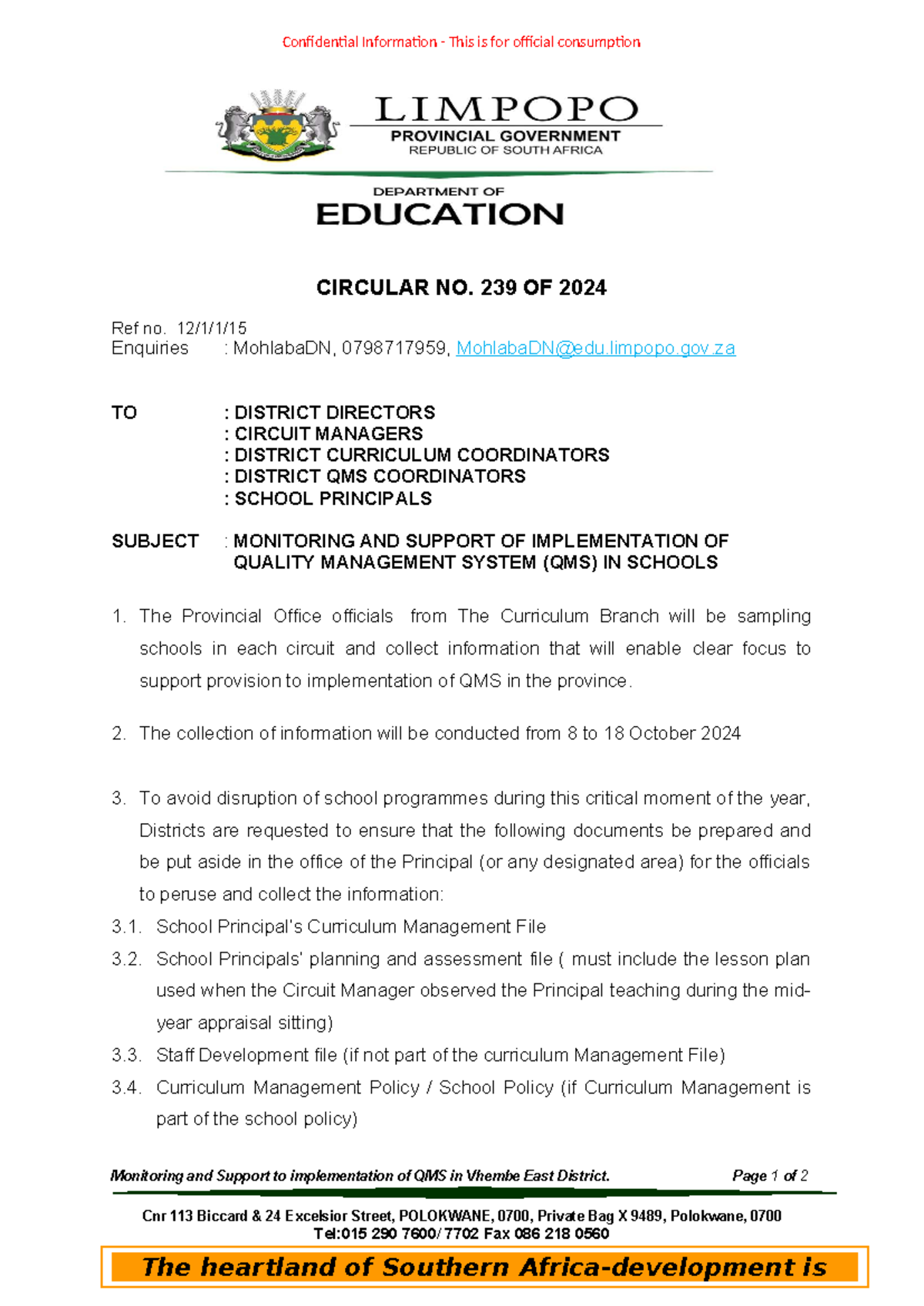 Monitoring & Support of QMS Implementation in Schools - CIRCULAR 239/ ...