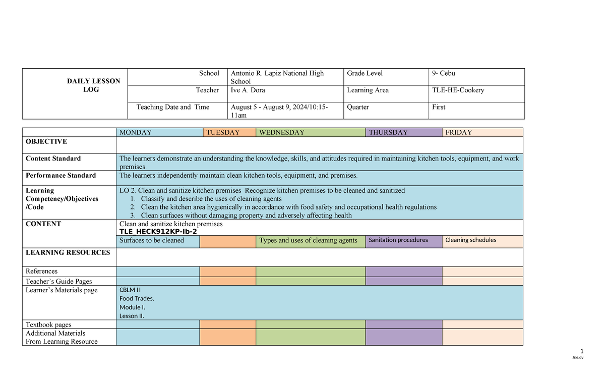 Cookery G9 DLL 1st Quarter Lesson Plan: Week 2 Activities - Studocu
