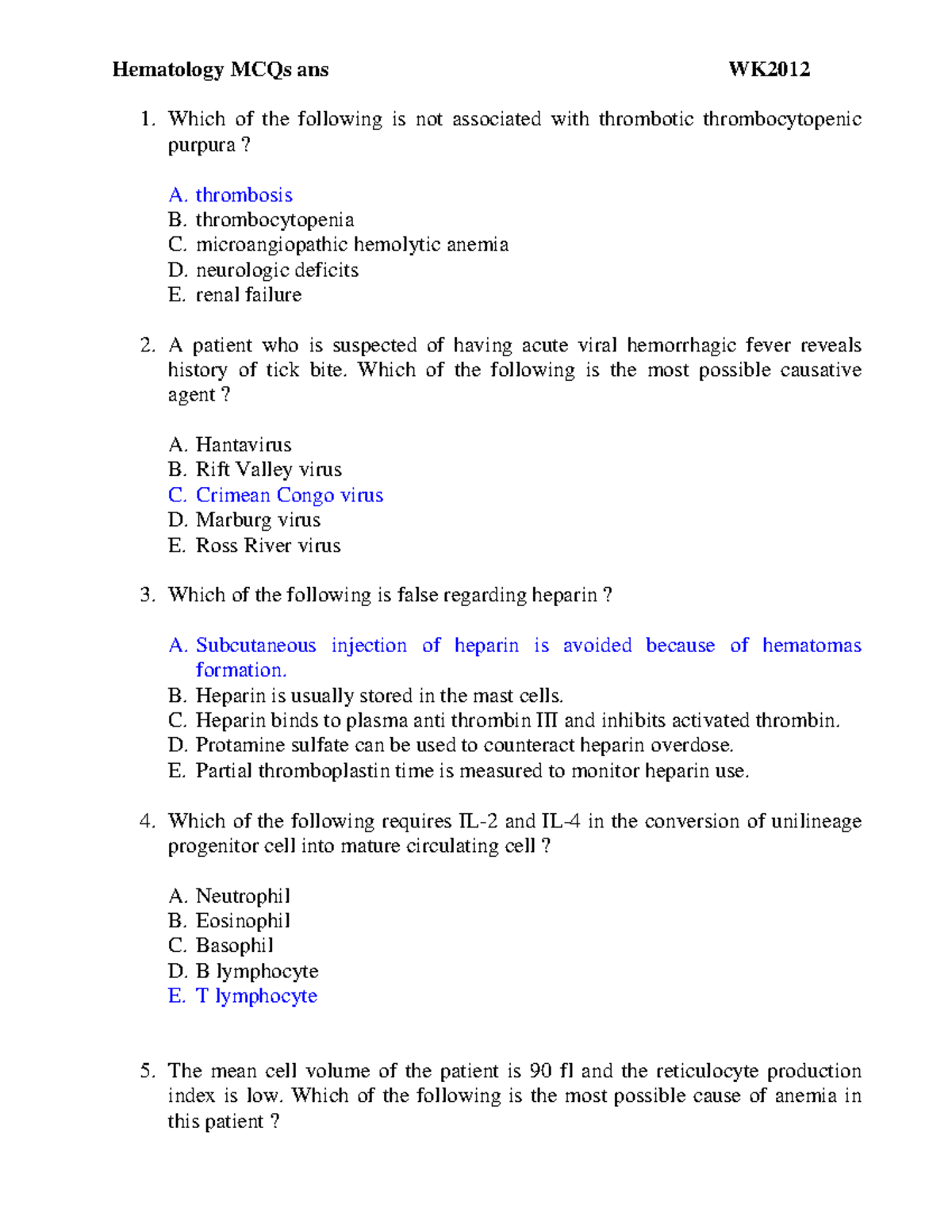 Hematology MCQs with Answers for WK Exam Preparation - Studocu