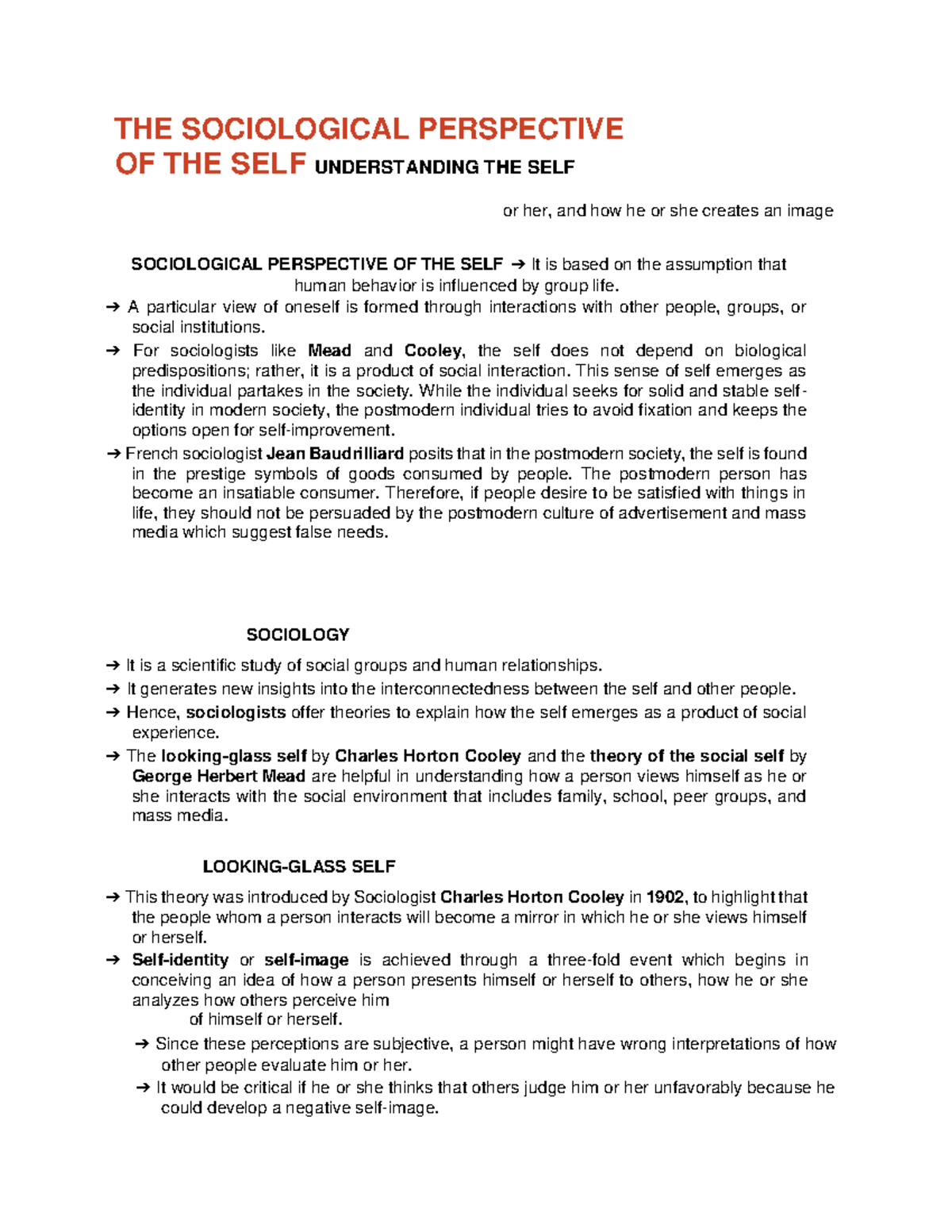 THE Sociological Perspective OF THE SELF Understanding THE SELF - THE ...