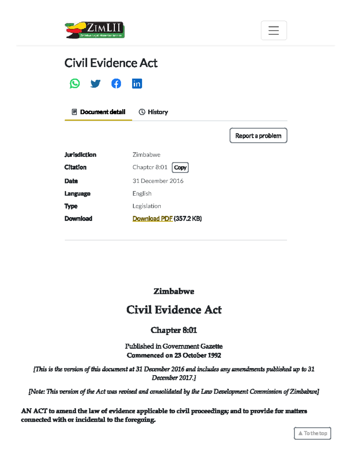 Civil Evidence ACT - its an Act - ZIMLII Zimbabwe Legal Information ...