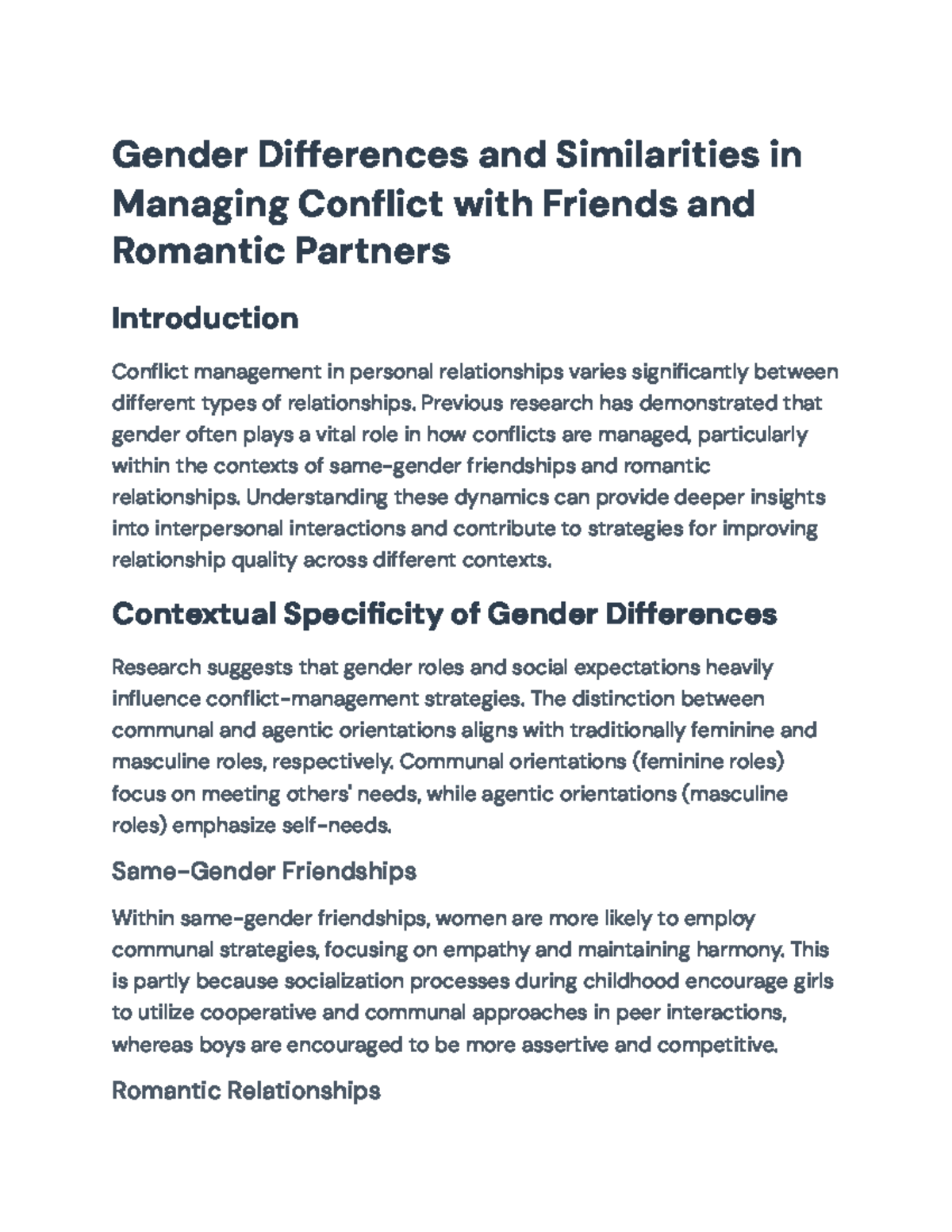 Gender Differences in Conflict Management: Friendships vs. Romance ...