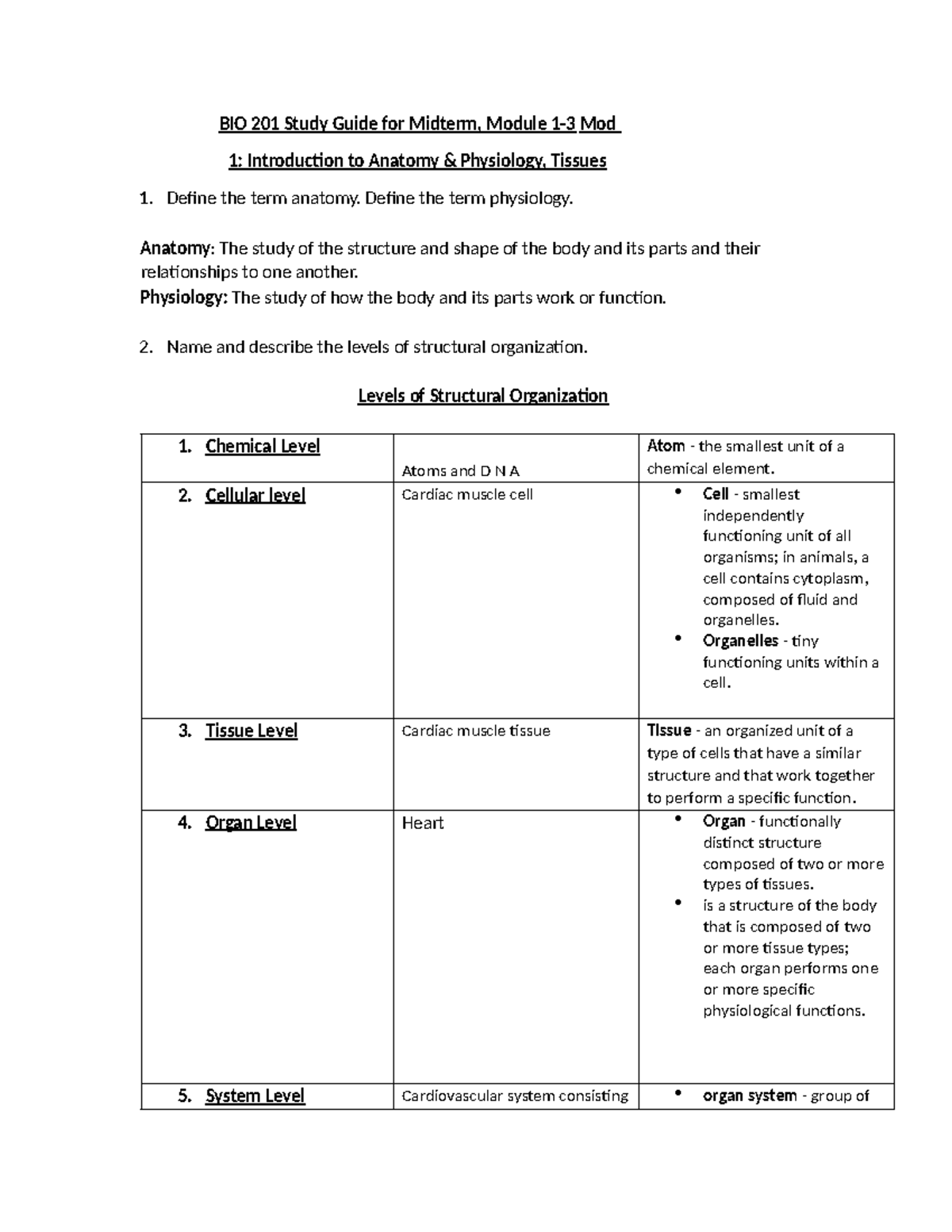 BIO 201 Midterm Study Guide: Anatomy & Physiology Overview - Studocu