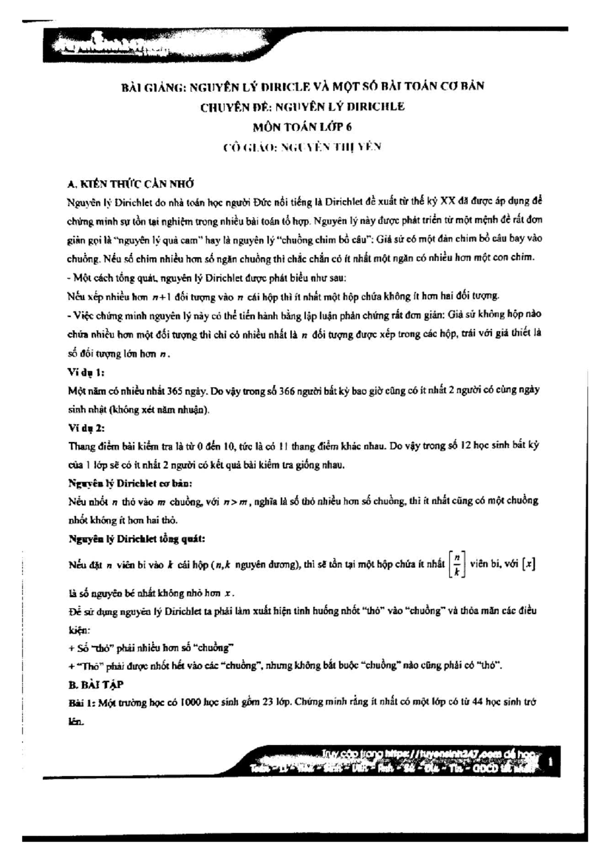 BÀI GIANG: NGUYÊN LÝ DIRICHLET VÀ BÀI TẬP MÔN TOÁN LỚP 6 - Studocu