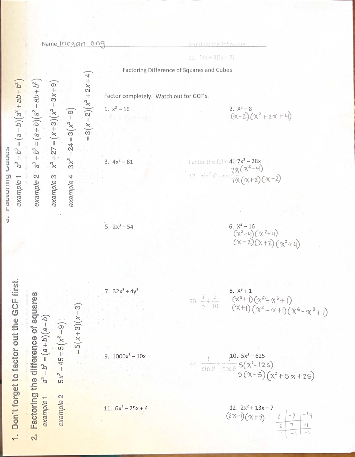Factoring Differences of Squares and Cubes: Examples and Solutions ...