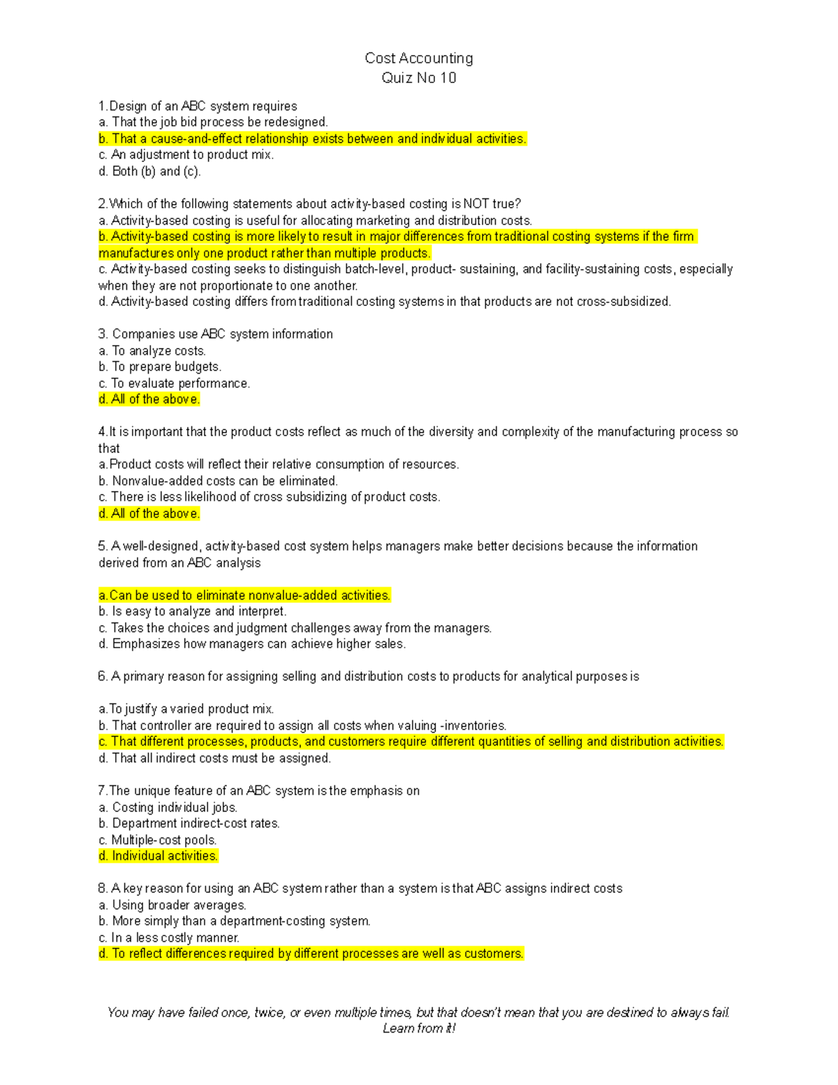 ABC Costing Quiz No 10: Activity-Based Costing Insights and Analysis ...