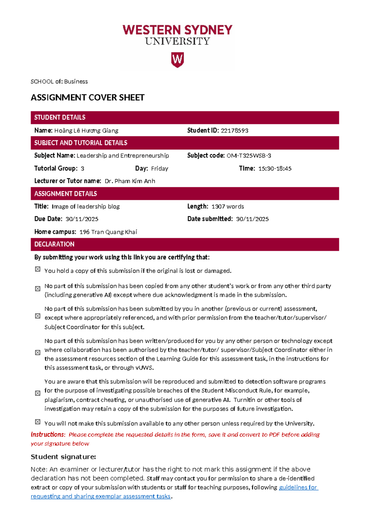 Leadership and Entrepreneurship Assignment Cover Sheet (LE 3) - Studocu