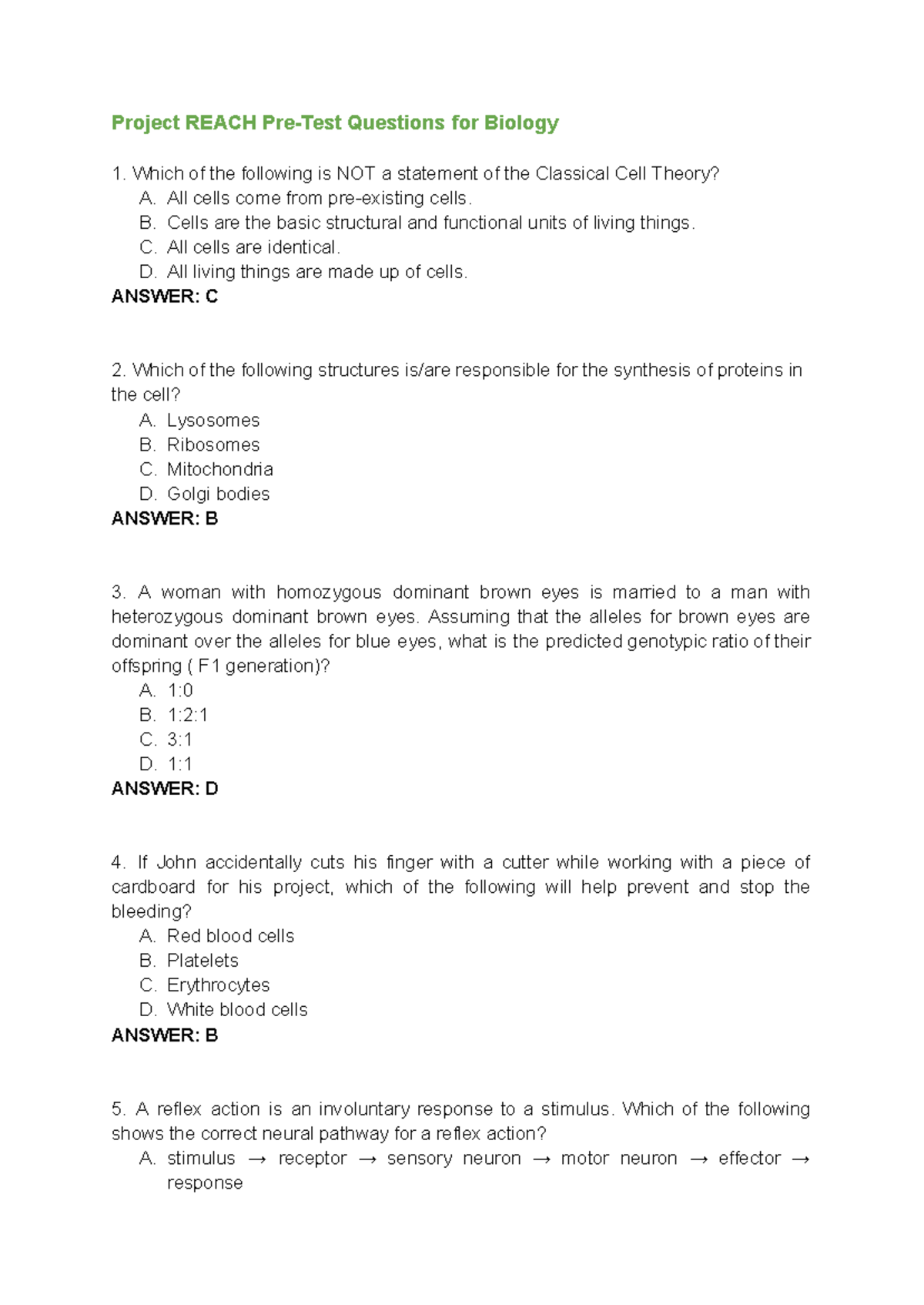 Biology 1 Pre-Test Questions and Answers - Studocu