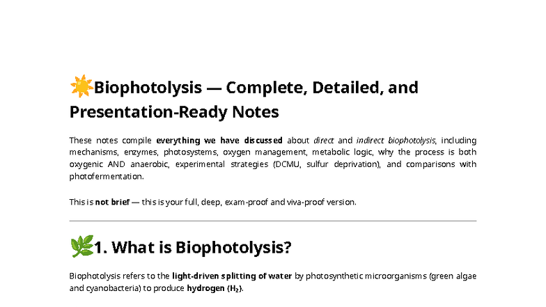 Biophotolysis Notes (Course Code: BIO101) - Detailed Mechanisms ...