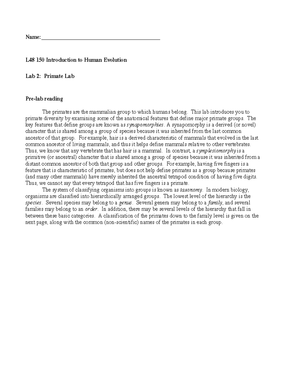 Primate Lab - Name: L48 150 Introduction to Human Evolution Lab 2 ...