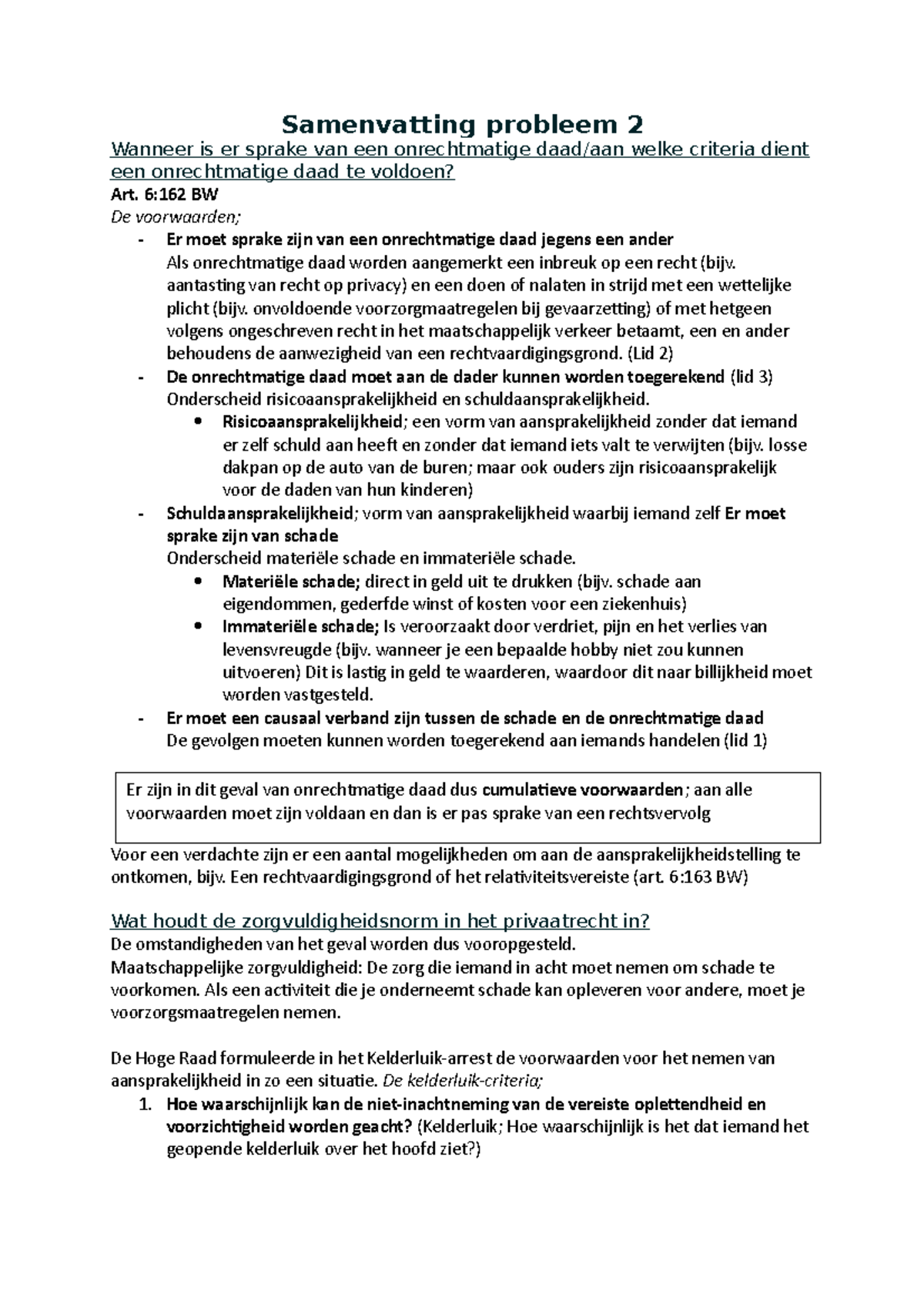 Samenvatting Probleem 2: Onrechtmatige Daad en Aansprakelijkheid ...