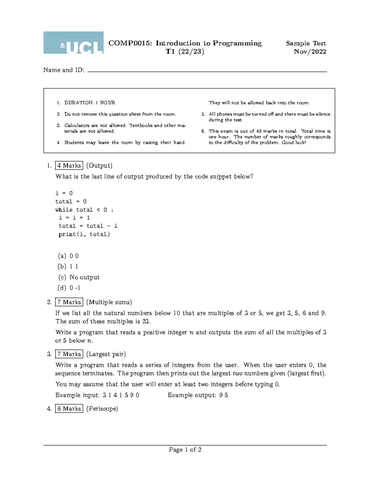 COMP0015: Sample Test for Intro to Programming (T1 22/23) - Studocu