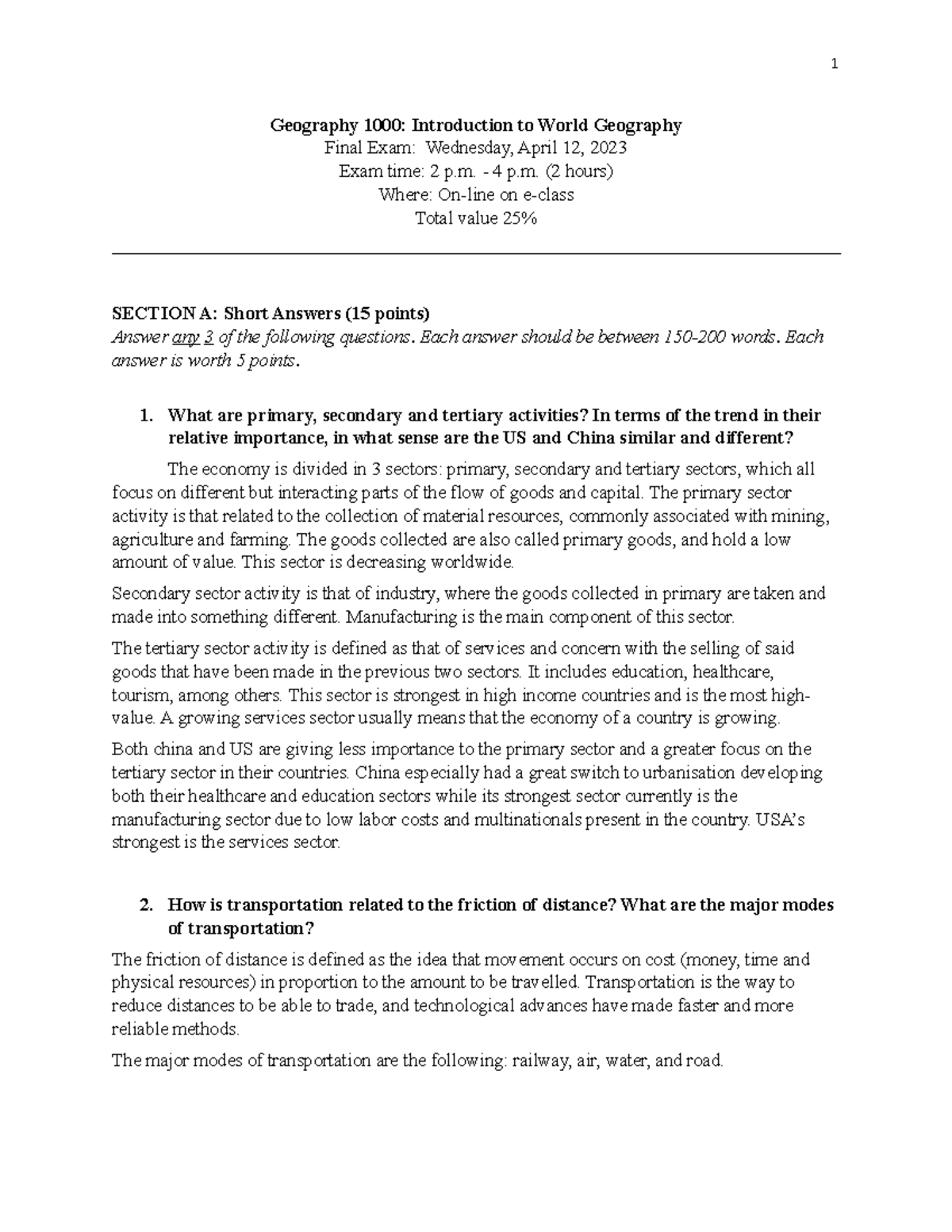 Geography Final Exam: World Geography - Studocu