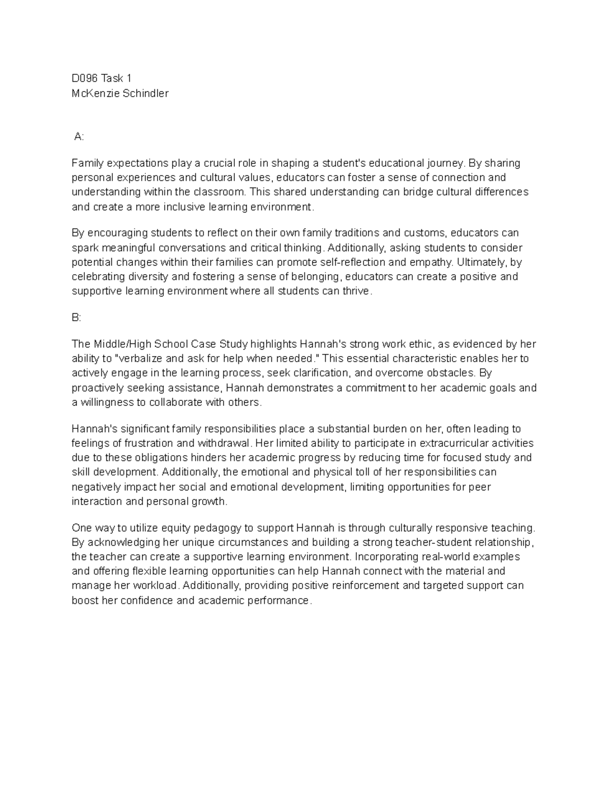 D096- Task 1 - Task 1 post teaching AI simulation - D096 Task 1 ...