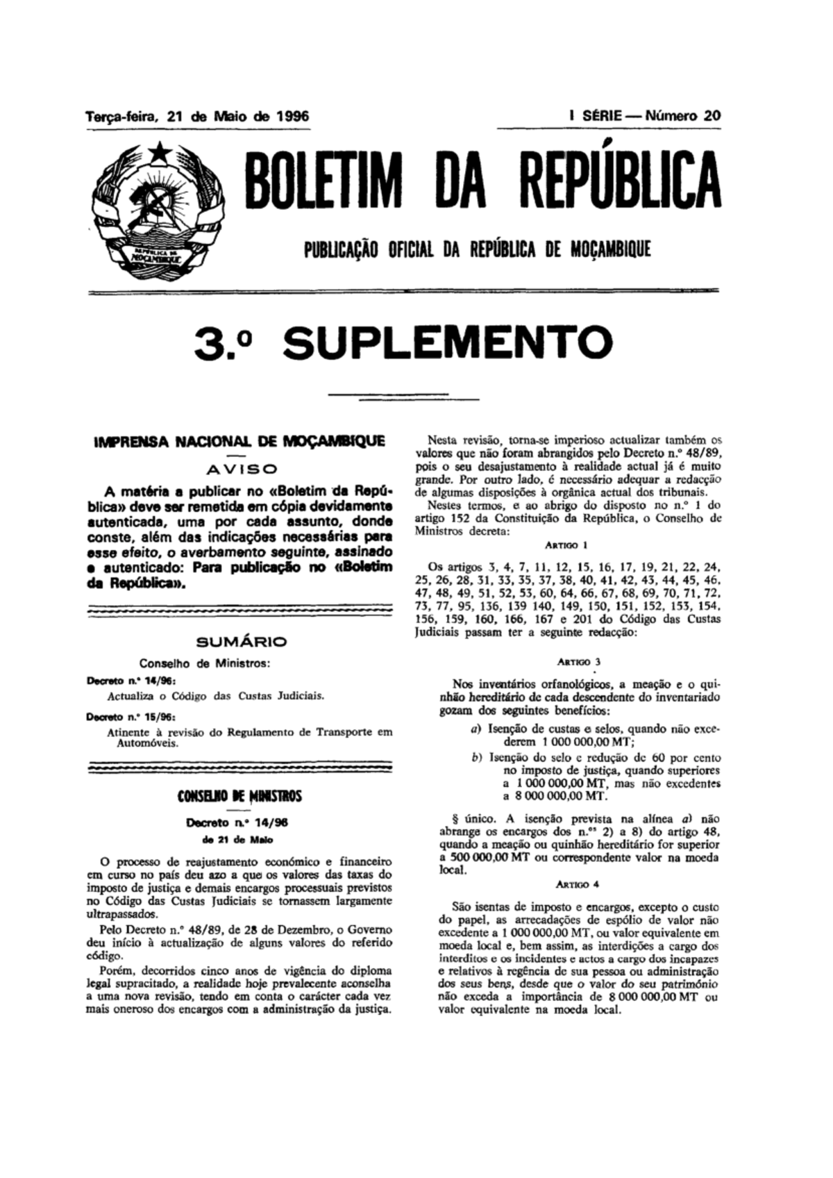 Aviso Oficial e Decretos do Boletim da República de Moçambique - 21/05 ...