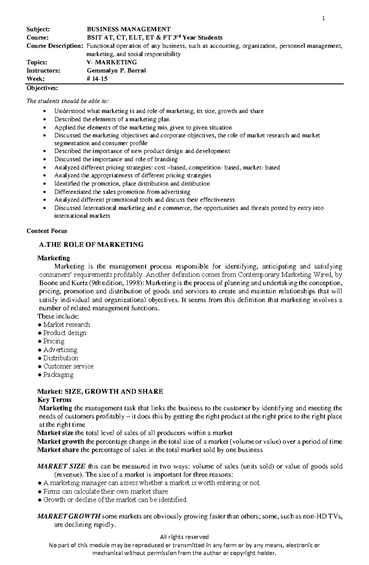 Week-14-15 - Business module - All rights reserved No part of this ...