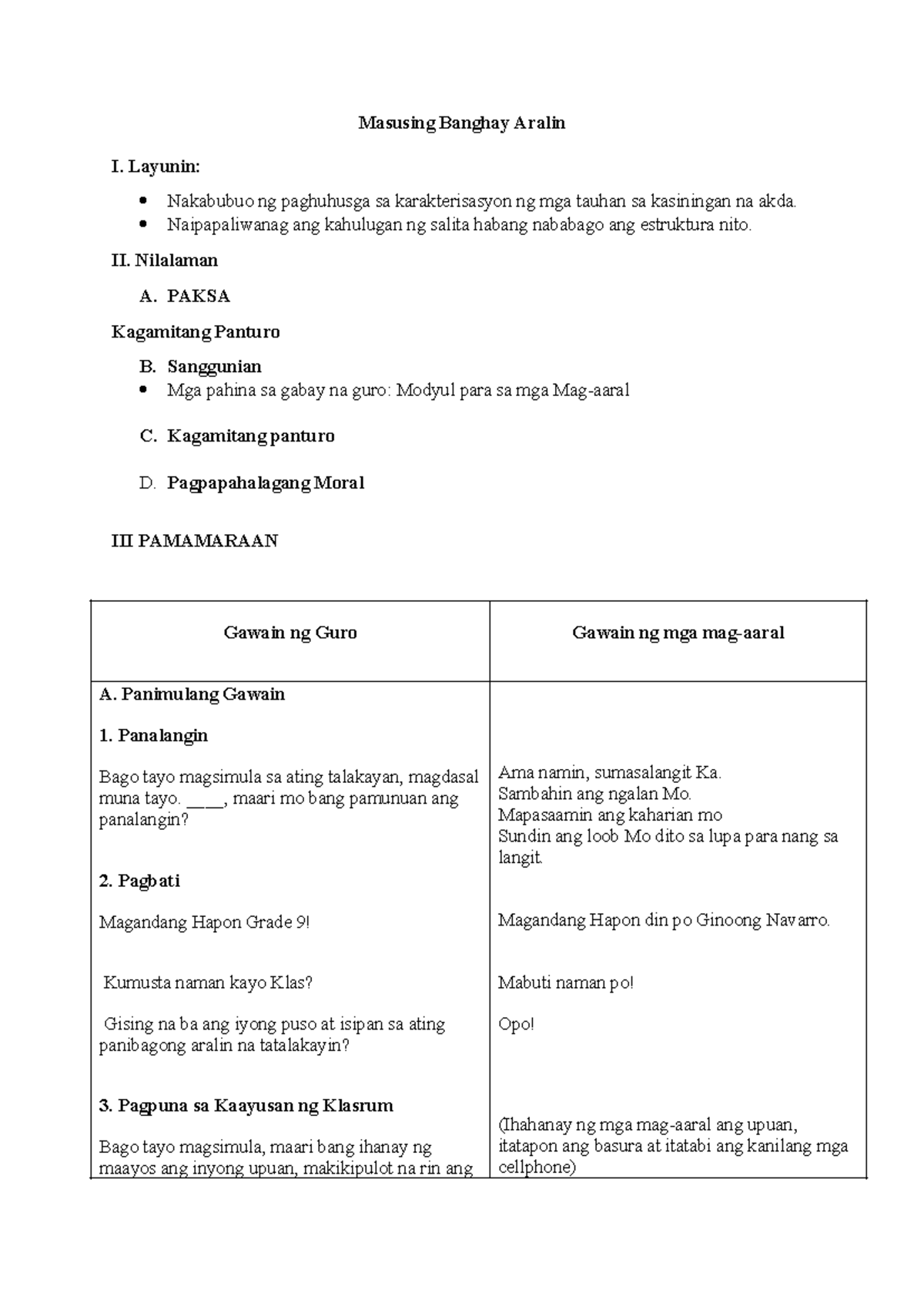 CPC Lesson Plan: Paghuhusga sa Karakterisasyon ng Tauhan - Studocu