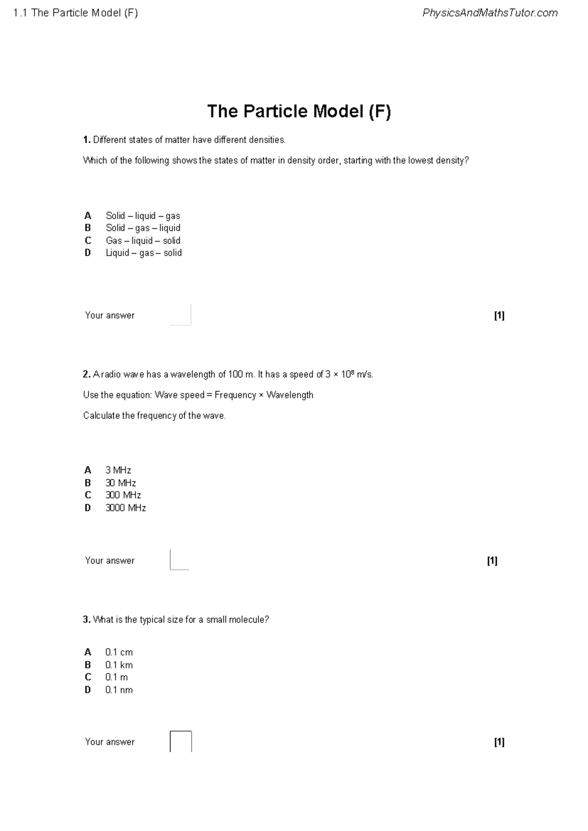 1.1 The Particle Model (F) Quiz Paper: States of Matter & Density - Studocu