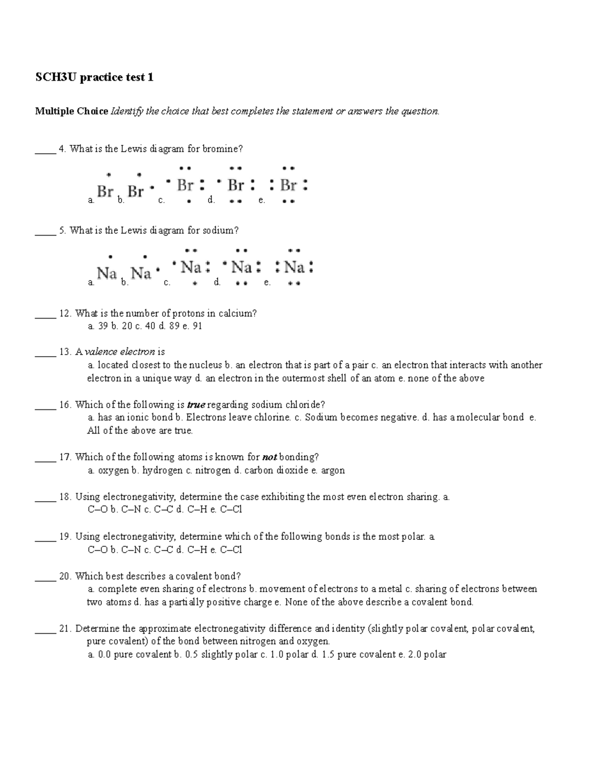 SCH3U Practice Test 1: Multiple Choice Questions and Answers - Studocu