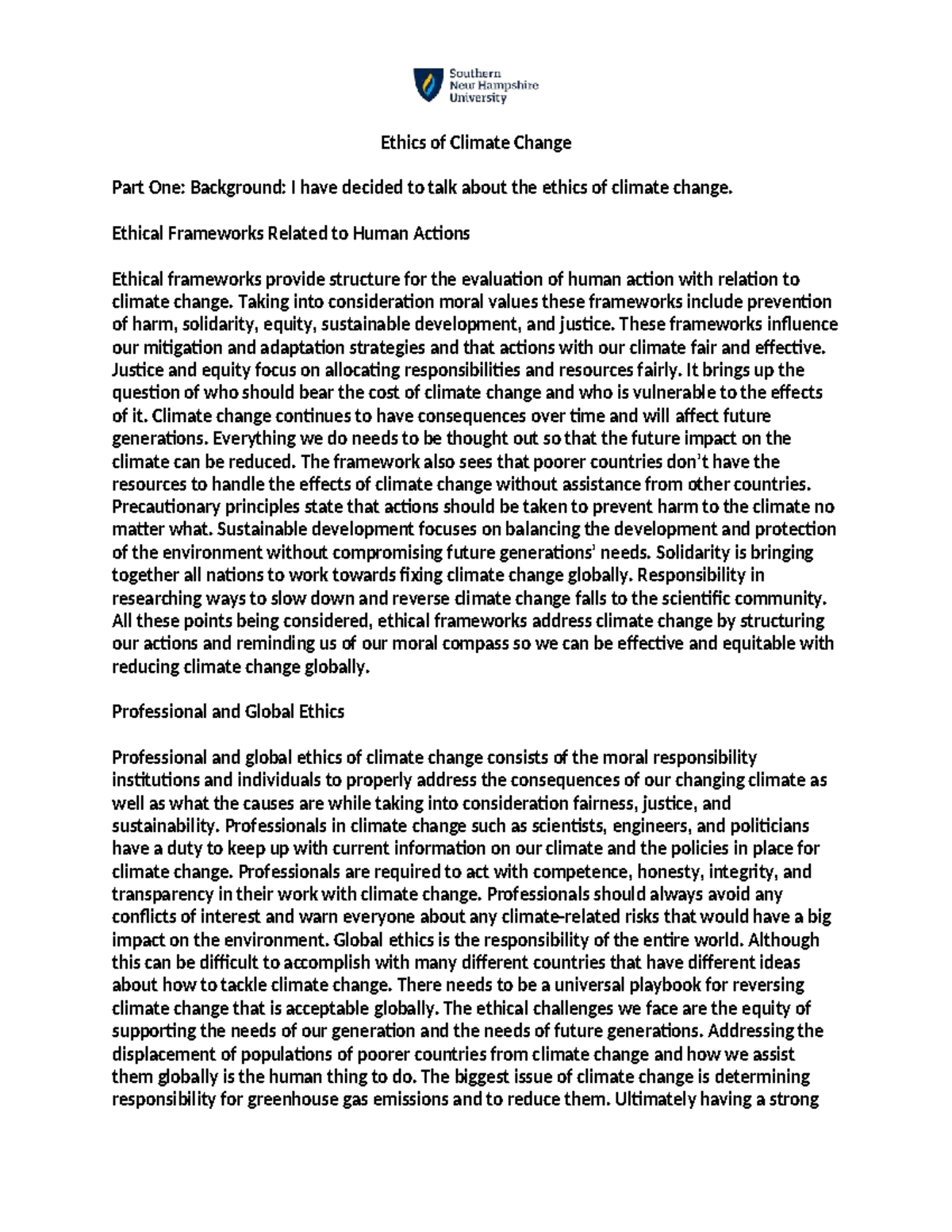 PHL 218 Project 7-1: Ethical Frameworks in Climate Change - Studocu