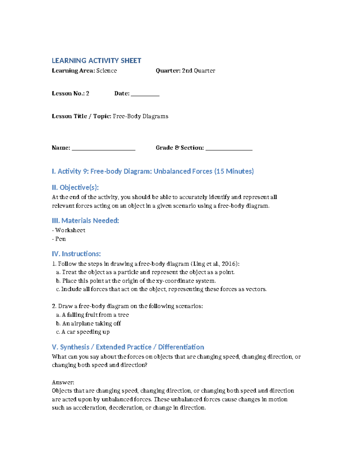 Free Body Diagram Activity Sheet - Science Lesson 2 (2nd Qtr) - Studocu