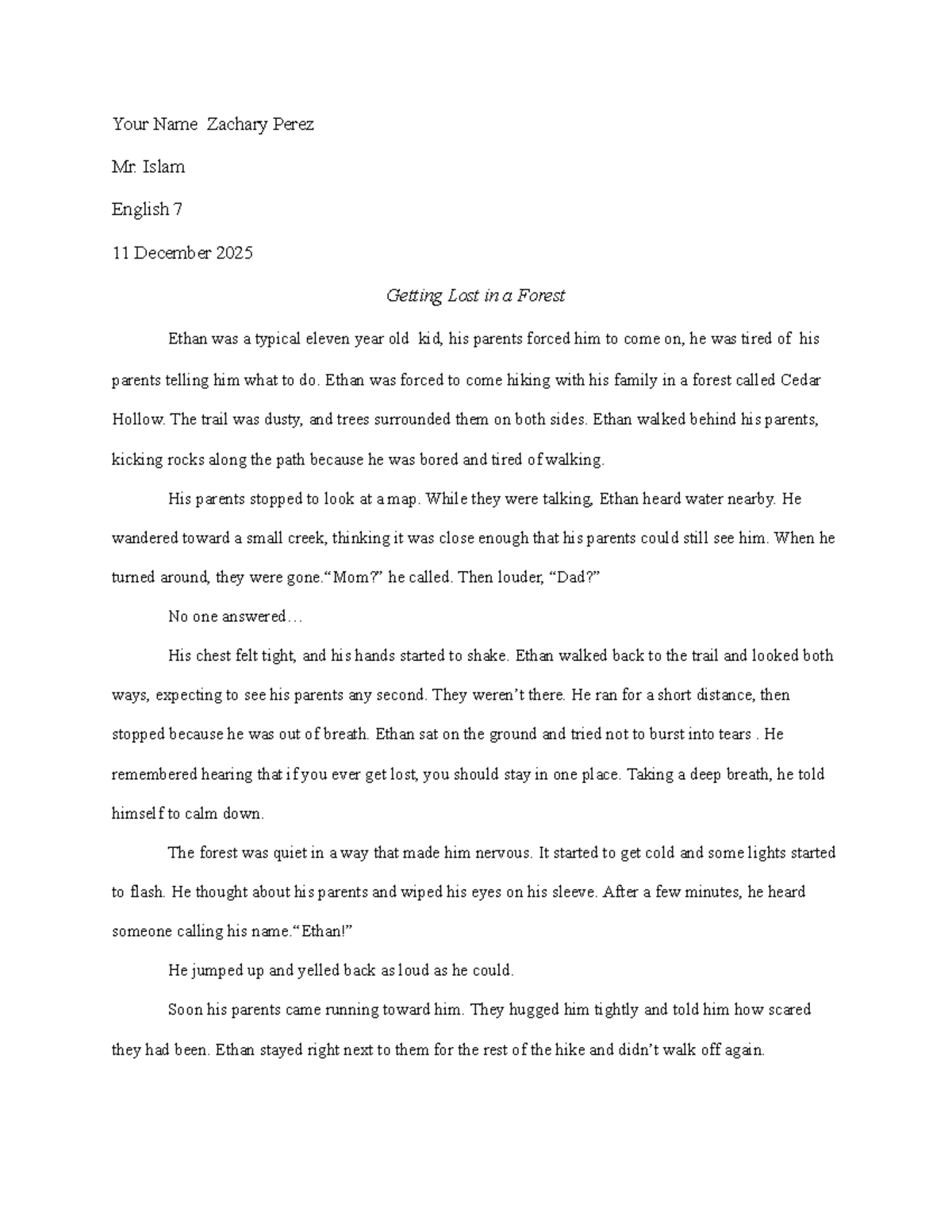 Realistic Fiction Essay - Zachary Perez - English 7 - Studocu