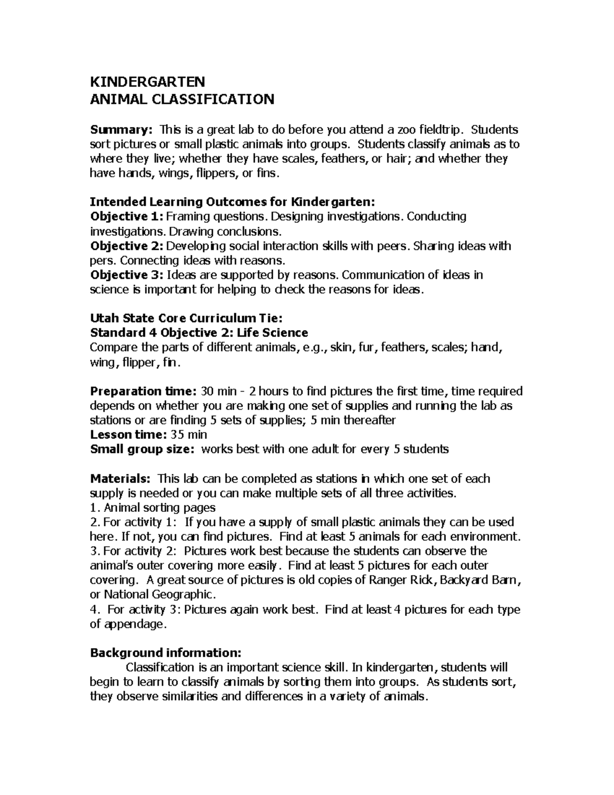 Kindergarten Animal Classification Lab for Zoo Fieldtrip Activities ...