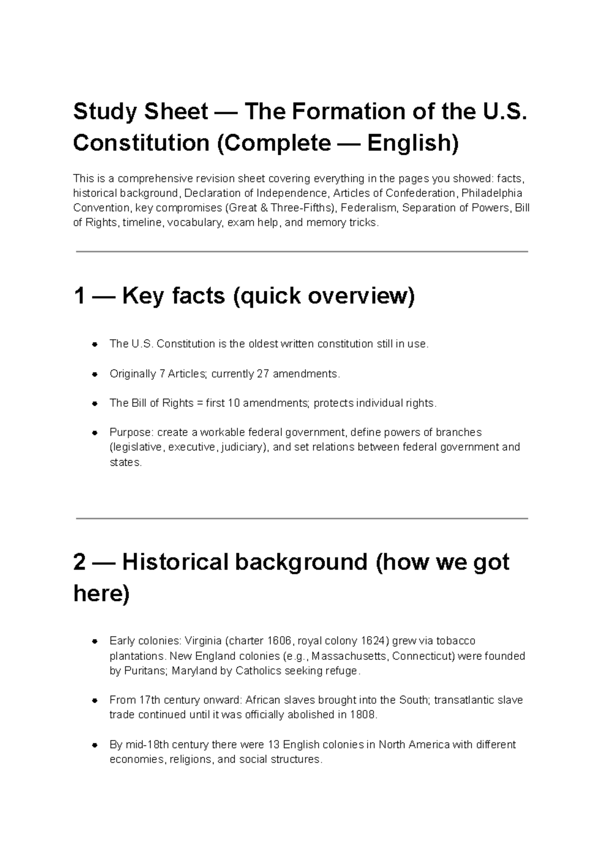 Study Sheet: The Formation of the U.S. Constitution (Complete) - Studocu