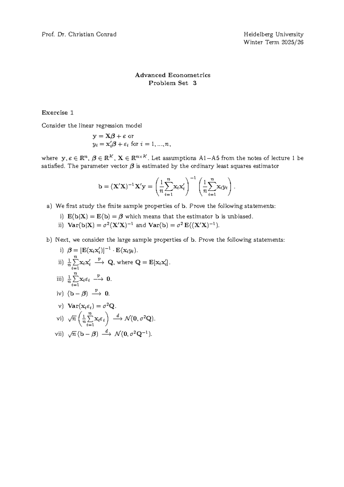 Advanced Econometrics PS 3: Linear Regression Model Analysis - Studocu