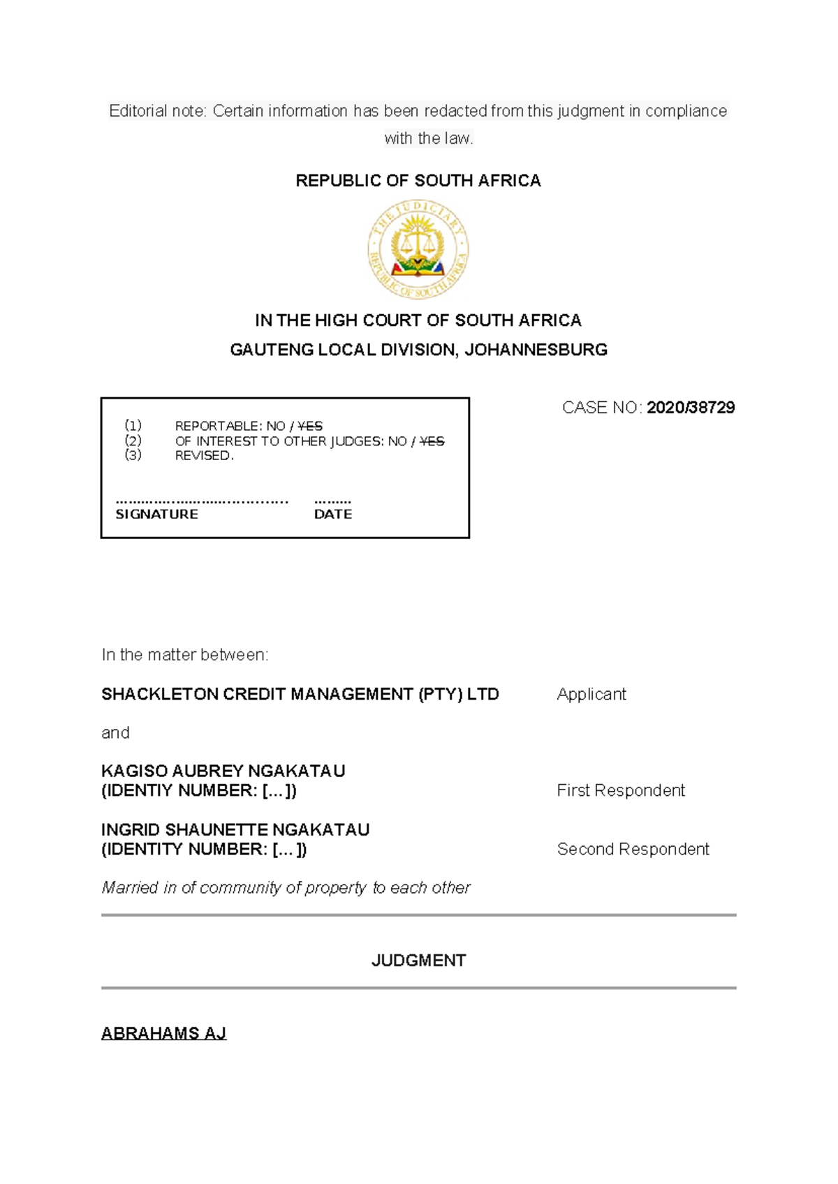 Shackleton Credit Management v Ngakatau: Provisional Sequestration Case ...