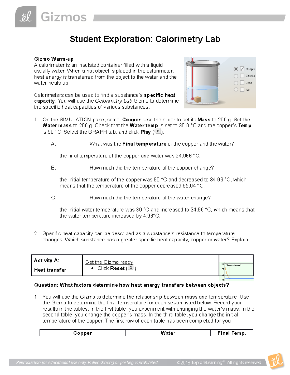 Day 17 Chem Gizmo Lab - Calorimetry Lab - Student Exploration: Calorimetry Lab Gizmo Warm-up A ...