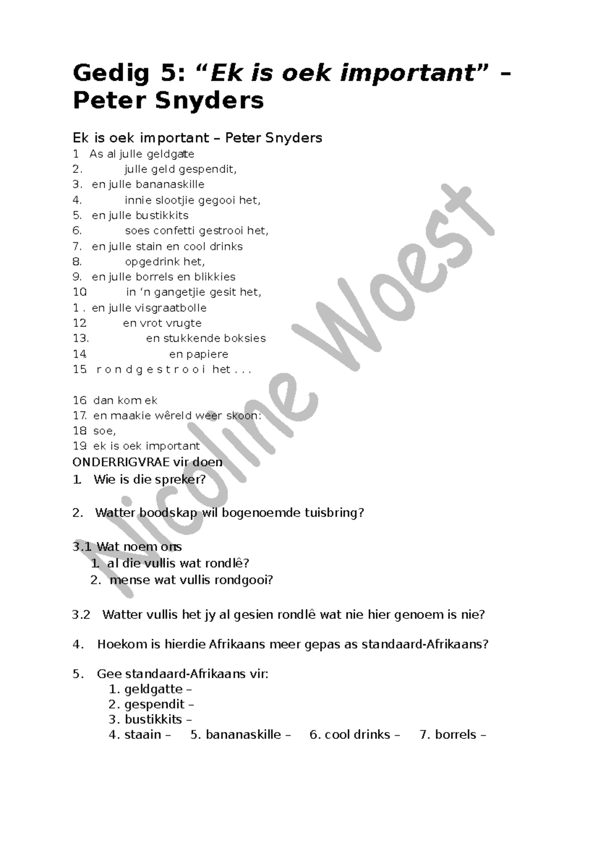 790784735 Ek is oek important: Vrae en Antwoorde Op Gedig - Studocu