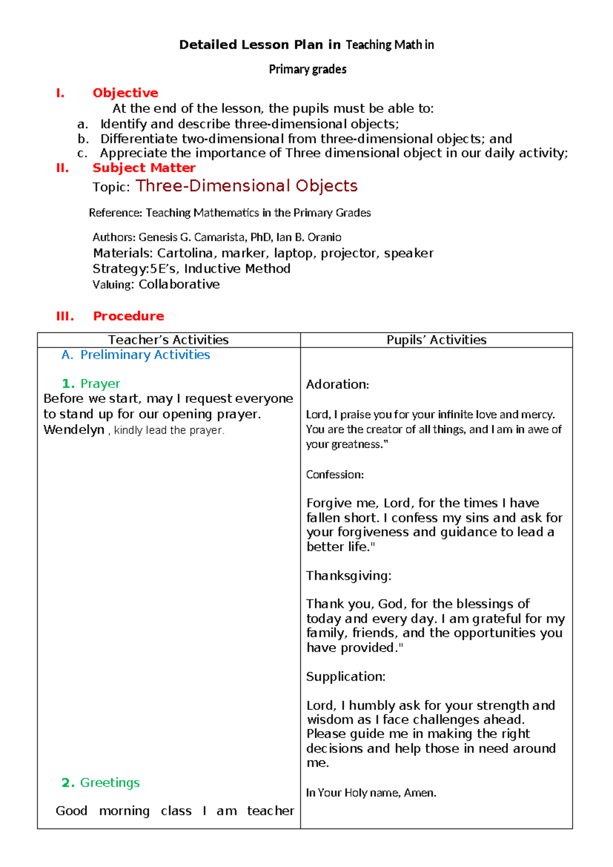 Detailed Lesson Plan: Teaching 3D Shapes (Math, ED 071604) - Studocu