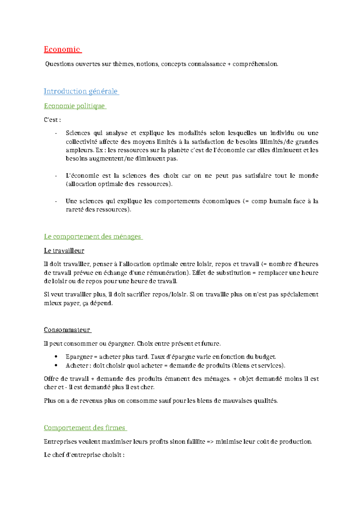 système Economique Q2 - Economie Questions ouvertes sur thèmes, notions ...