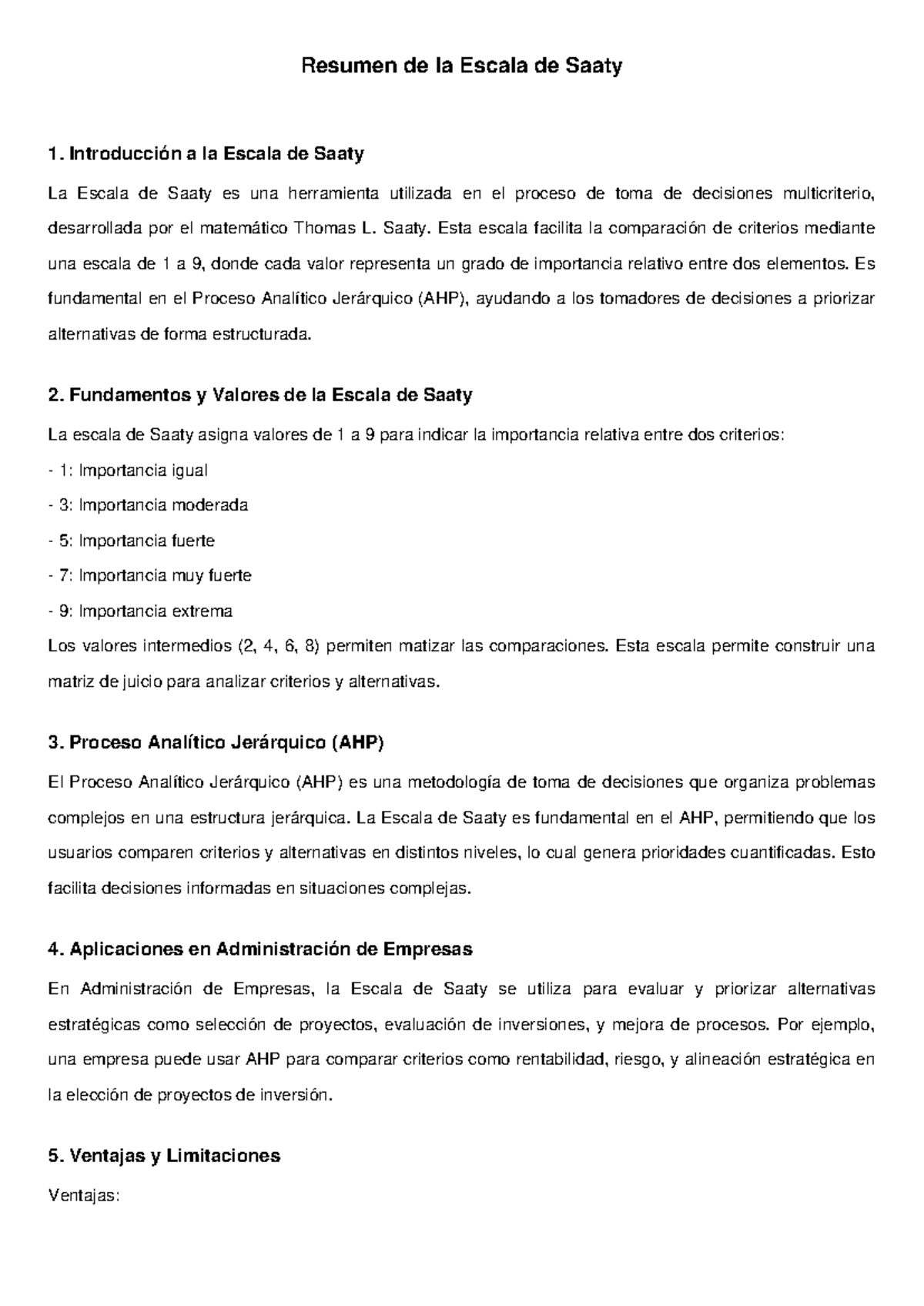Resumen de la Escala de Saaty para Toma de Decisiones Multicriterio ...