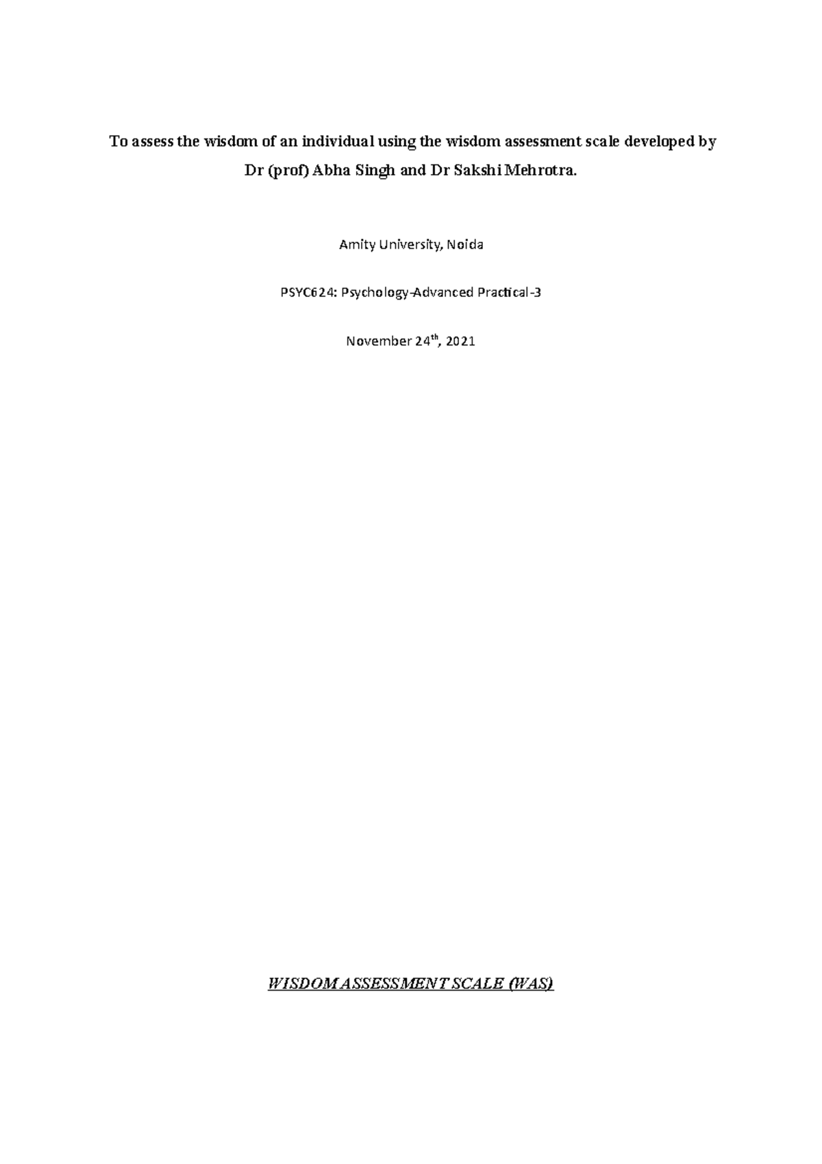 Wisdom Assessment Scale - To assess the wisdom of an individual using ...
