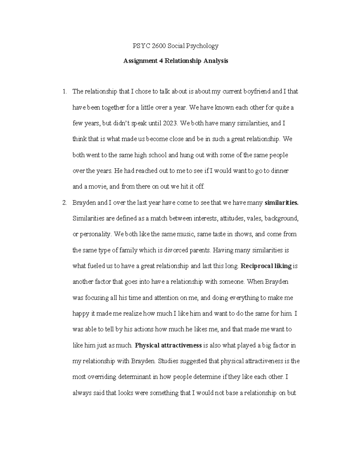 PSYC 2600 Social Psychology Assignment 4: Analyzing My Relationship ...