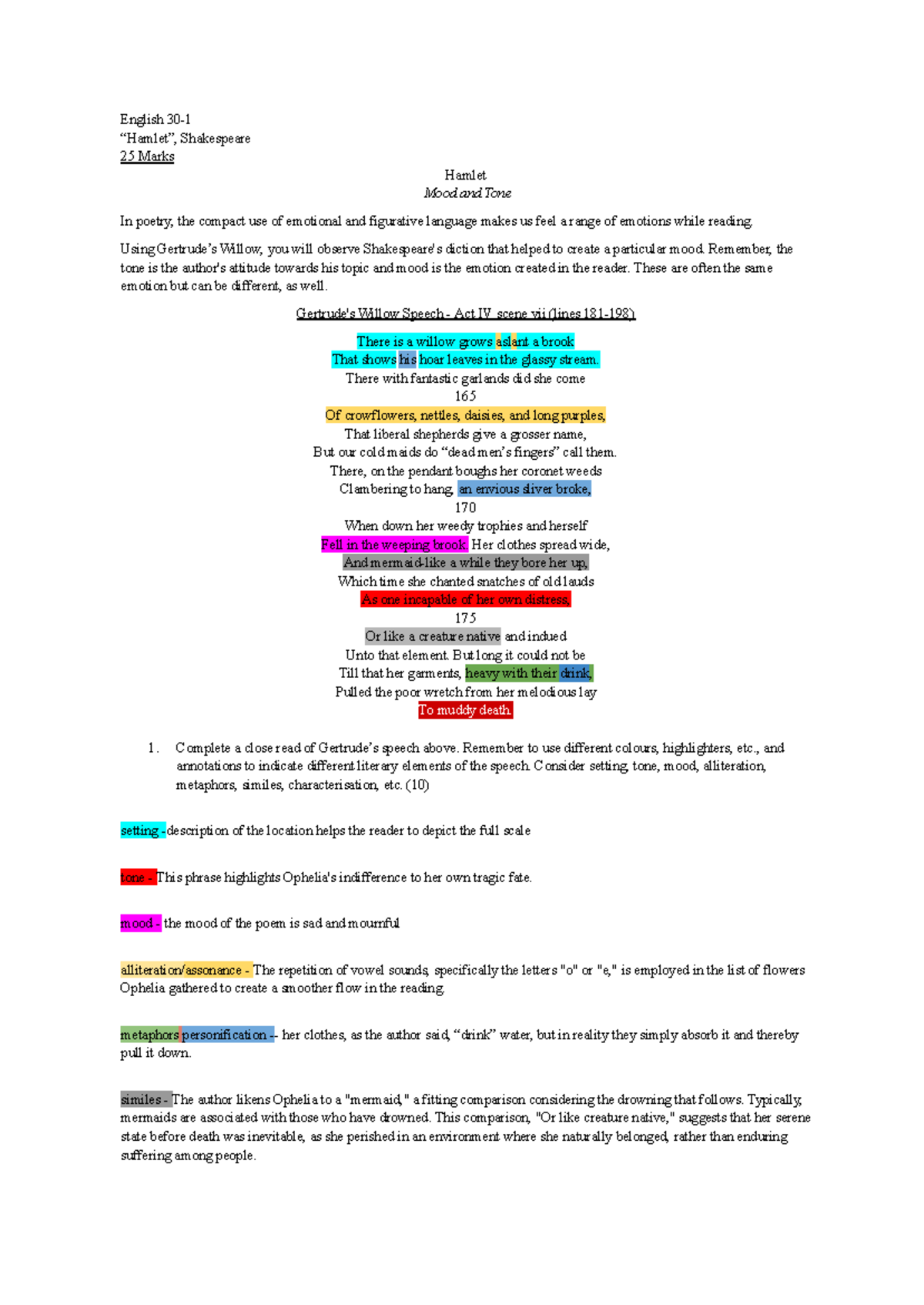 “Hamlet”, Shakespeare - English 30- “Hamlet”, Shakespeare 25 Marks ...
