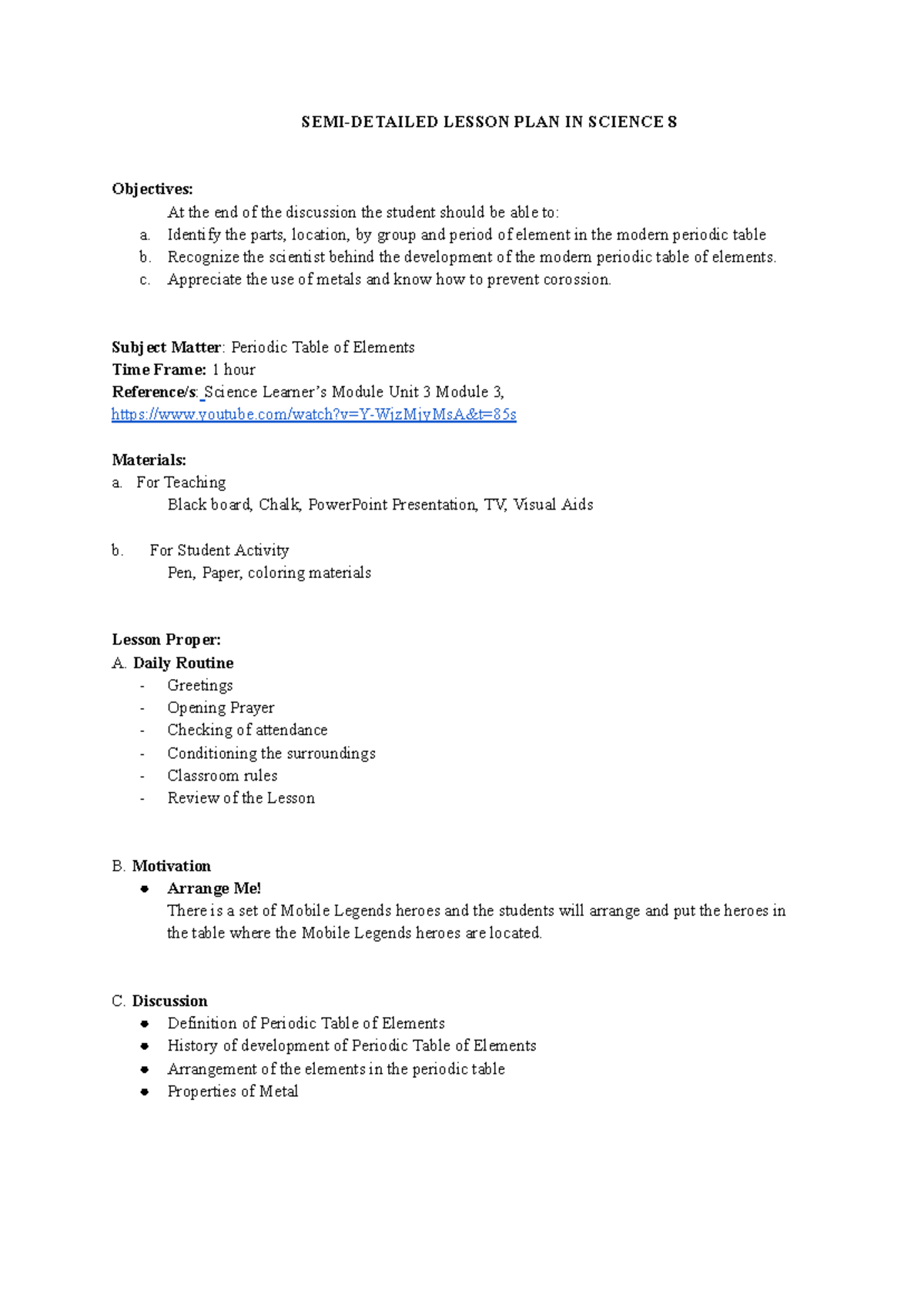 SDLP- Detailed Lesson Plan on the Periodic Table of Elements - Studocu