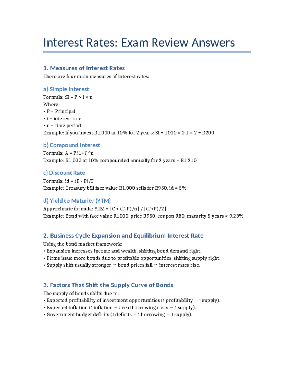 Interest Rates: Exam Review Answers for ECON 101 - Studocu