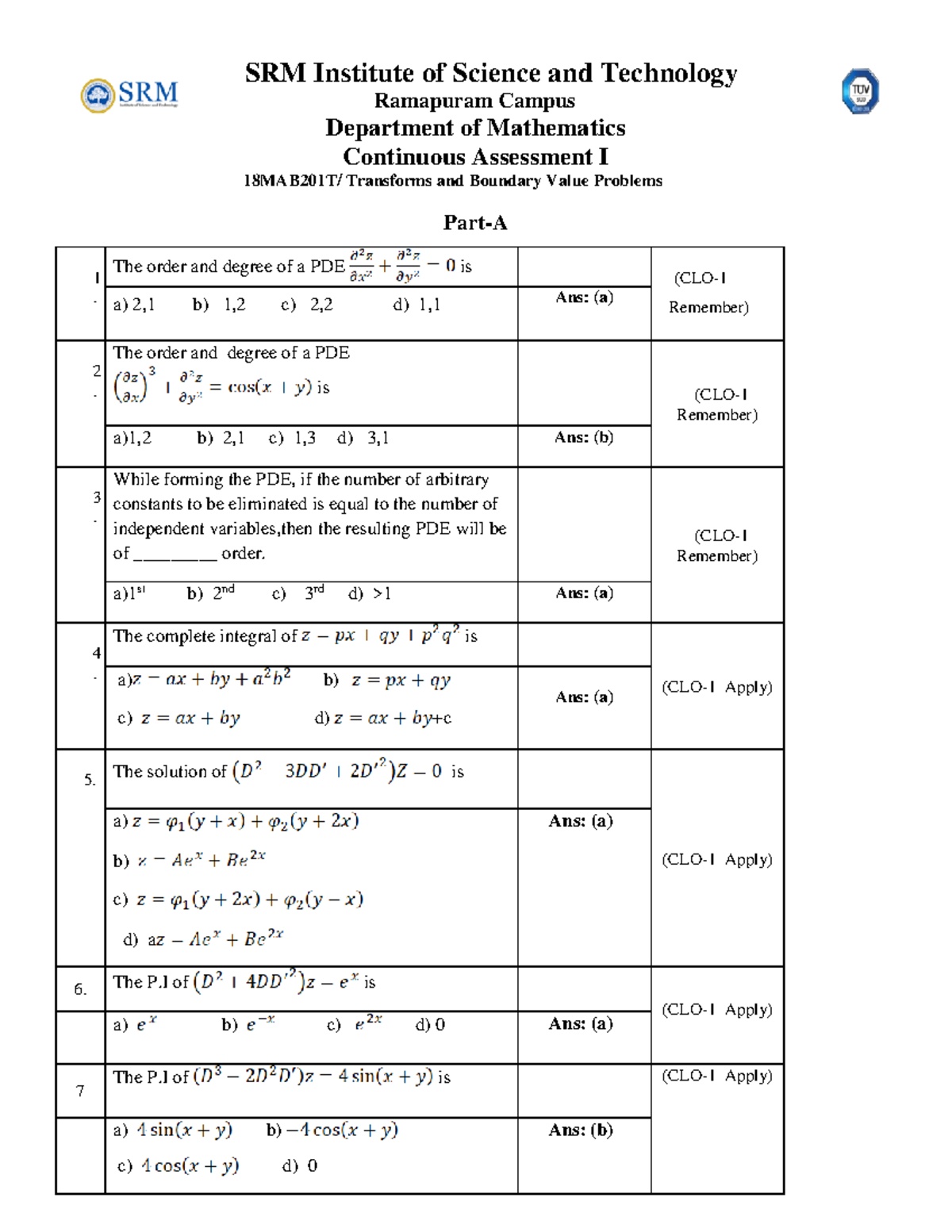 Unit-1 MCQ Questions for 18MAB201T: Transforms & Boundary Value ...